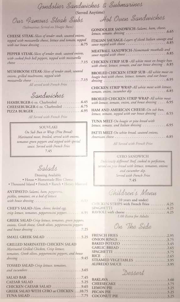 Menu at Gondolier Pizza & Steak House pizzeria, Sweetwater, 789 TN-68