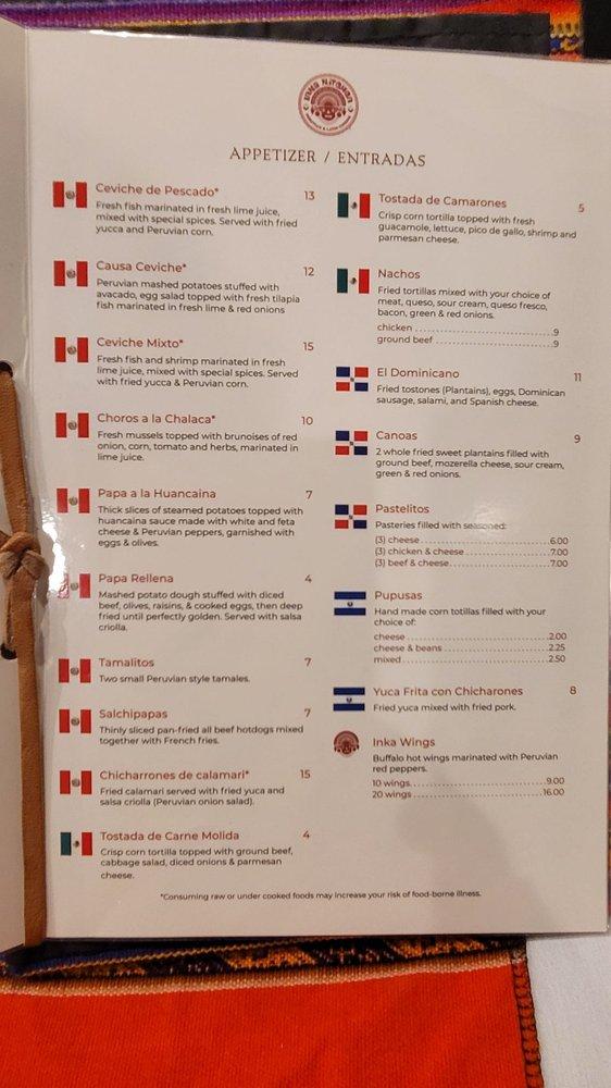 Menu at Inka Kitchen restaurant, Chambersburg, 811 Wayne Ave