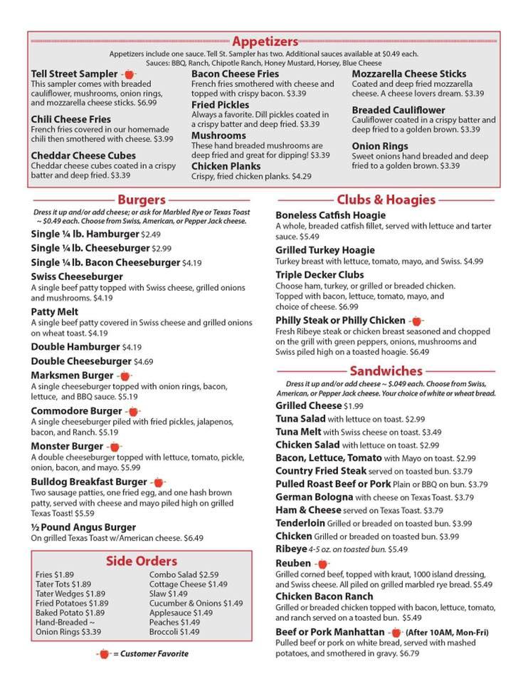 Menu at Julie's Tell Street Cafe, Tell City