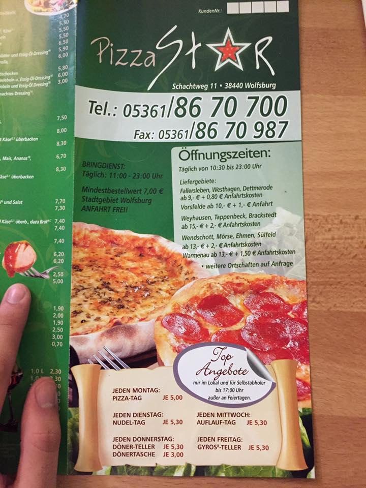 Speisekarte von Pizza Star, Wolfsburg