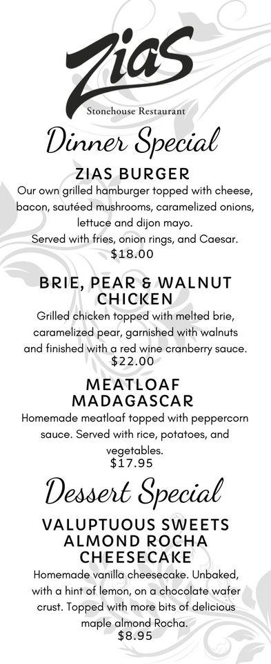 Menu at Zias Stonehouse Restaurant, Summerland