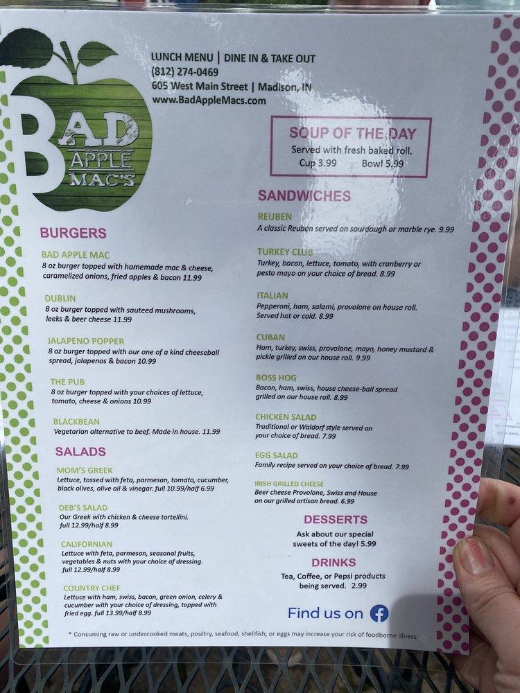 Menu at Bad Apple Mac's pub & bar, Madison