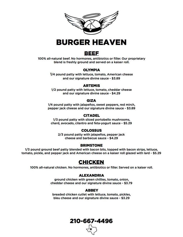 Menu at Burger Heaven restaurant, San Antonio