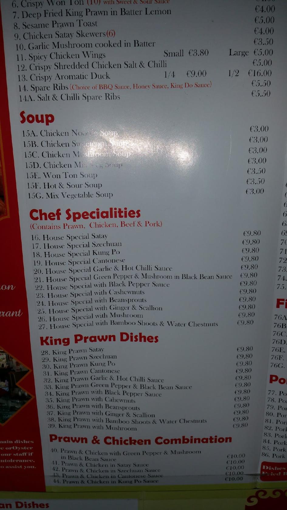 Menu at China Dragon restaurant, Fermoy