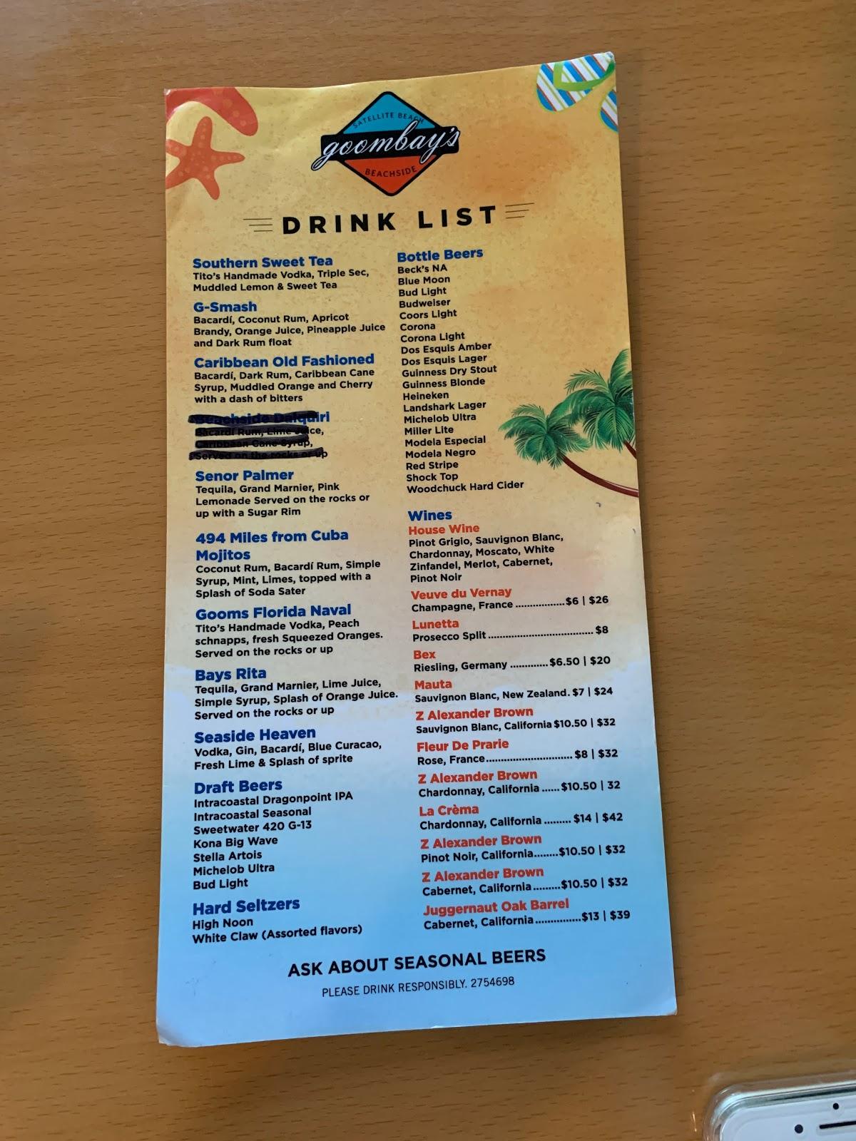Menu at Goombay's Beachside restaurant, Satellite Beach