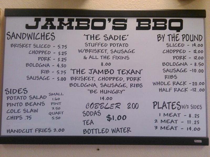 Menu at Jambo's Original BBQ Shack, Burleson, FM1187