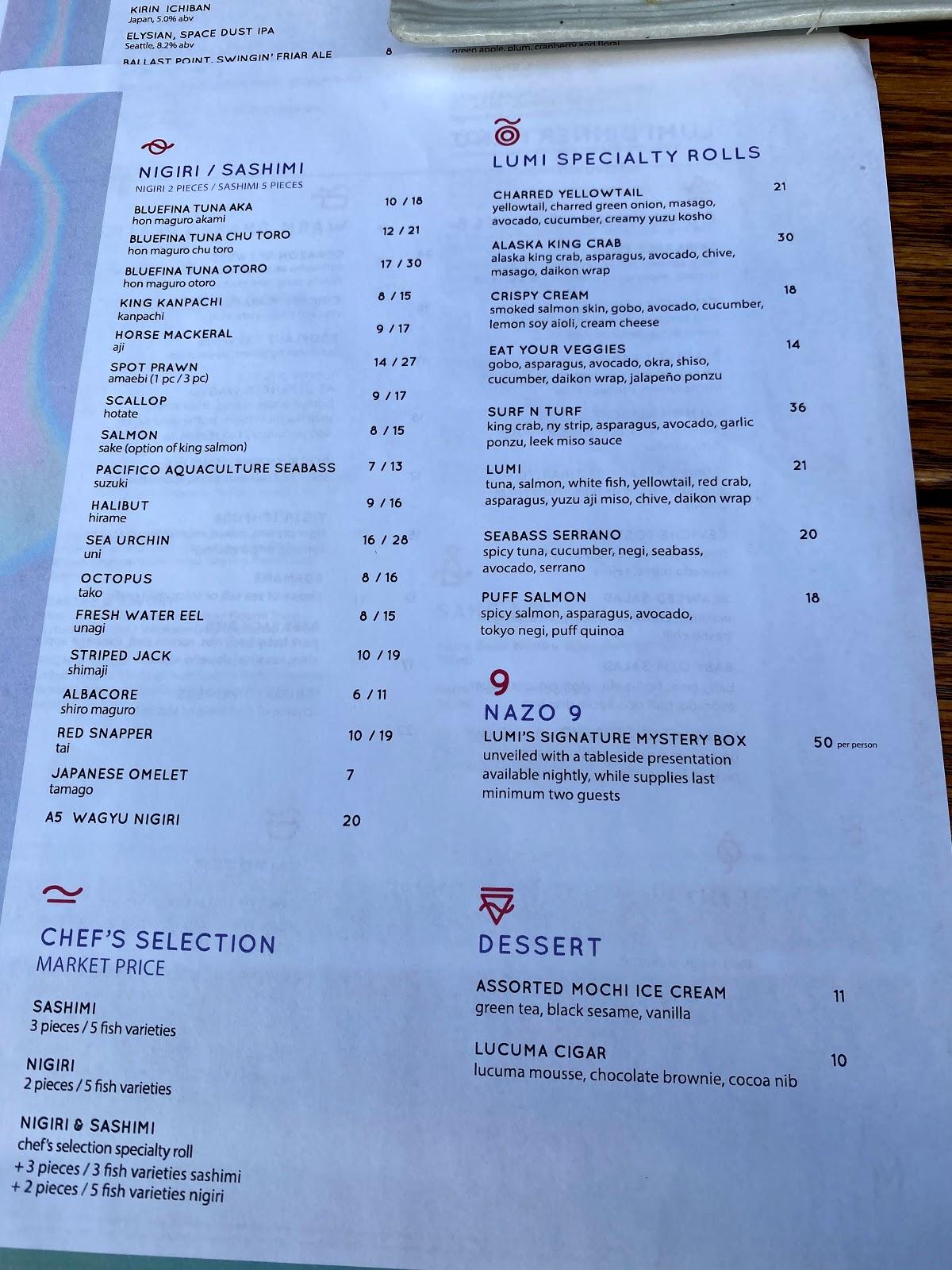 Carta del restaurante Lumi, San Diego, 366 Fifth Ave