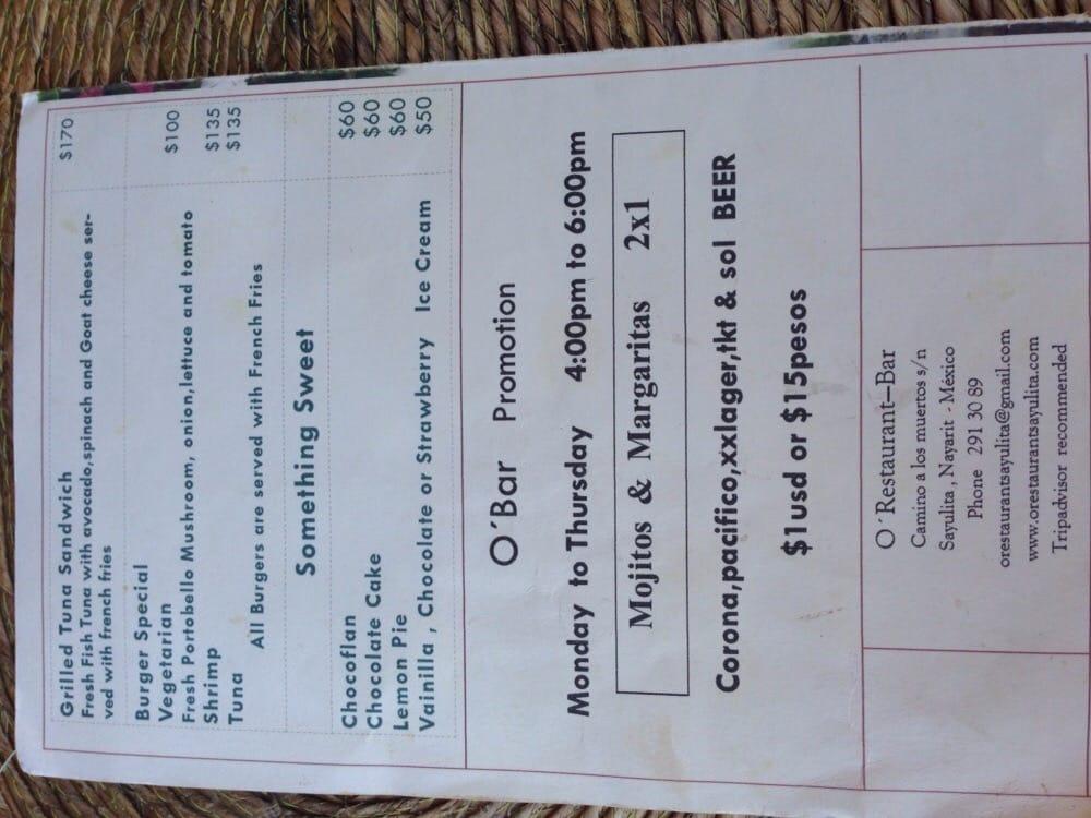 Menu at O Restaurant, Sayulita