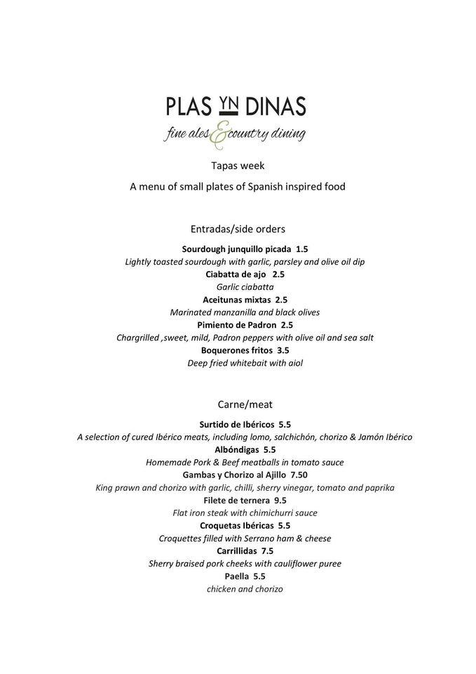 Menu at Plas yn Dinas pub & bar, Llanfechain