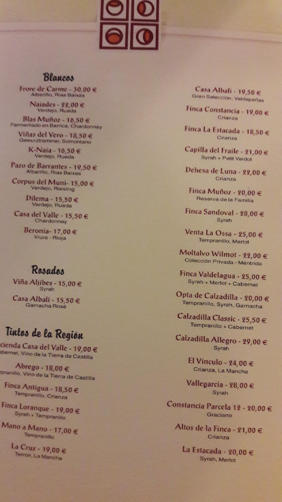 Carta de Restaurante Los Cuatro Tiempos, Toledo