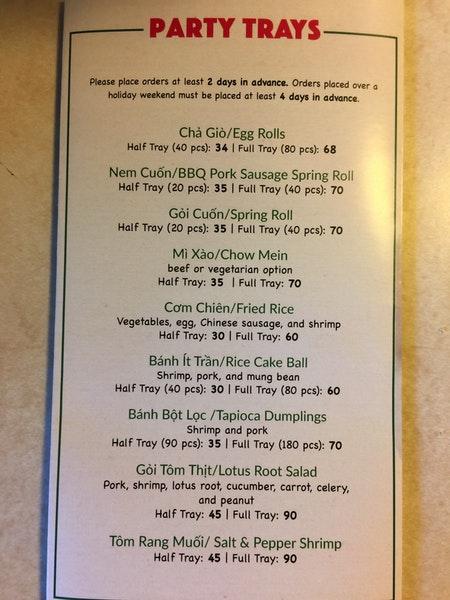 Menu at Son Tra restaurant, Escondido
