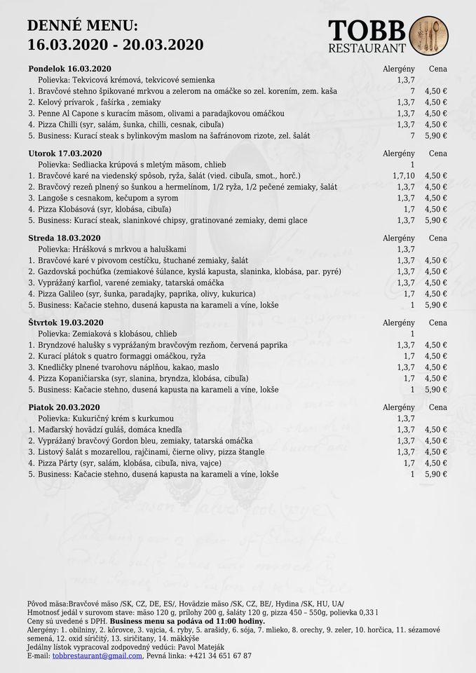 Menu at Tobb restaurant, Stará Myjava