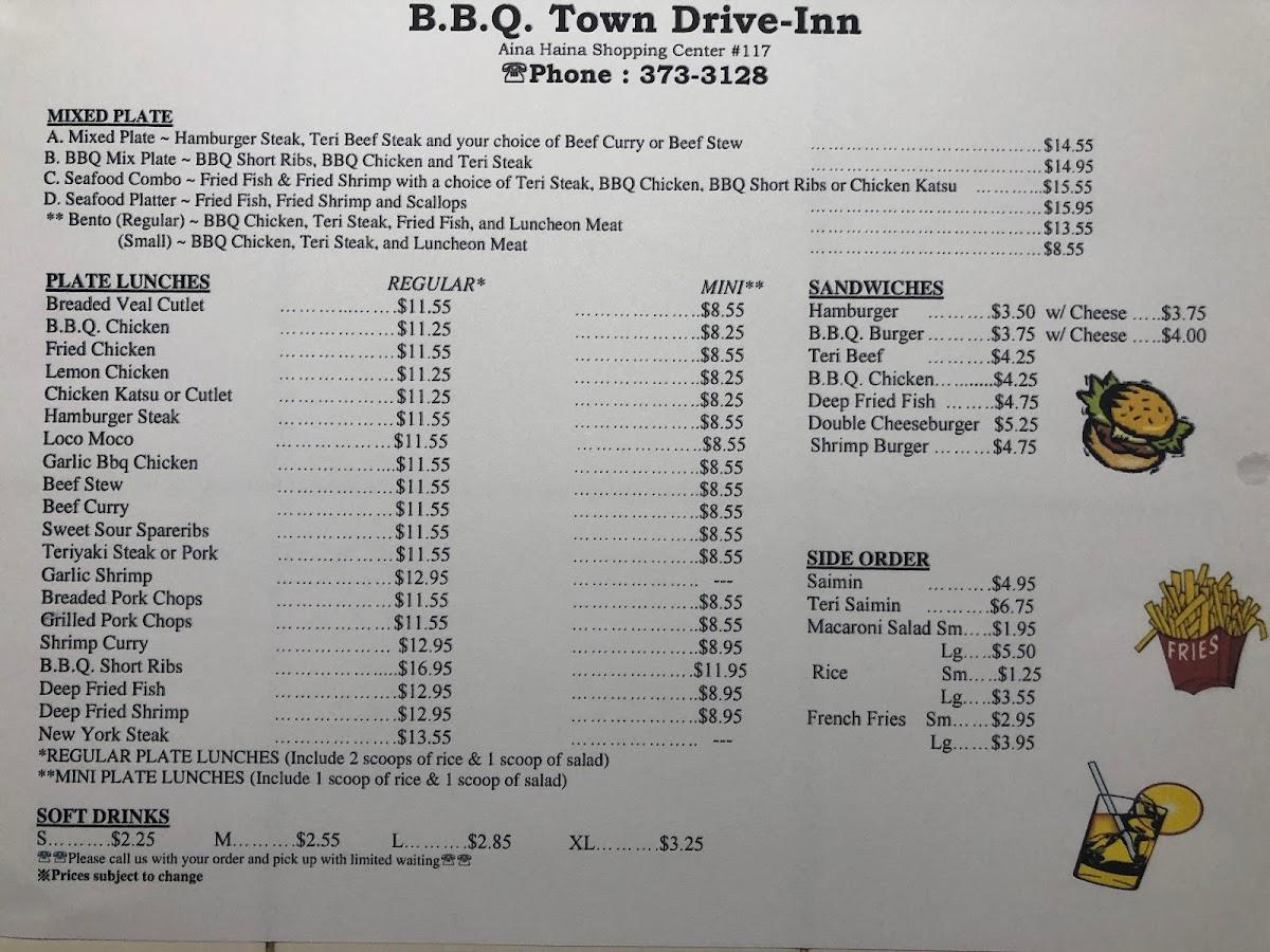 Menu at BBQ Town Drive Inn, Honolulu