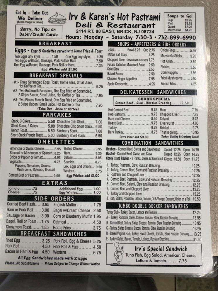 Menu at Irv & Karen's Hot Pastrami Deli & Restaurant, Brick