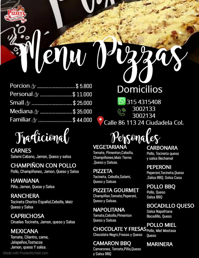 Carta del restaurante La Pizzeta Ciudadela Colsubsidio, Bogotá