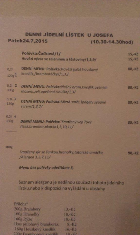 Menu at U Josefa Restaurant, Pardubice