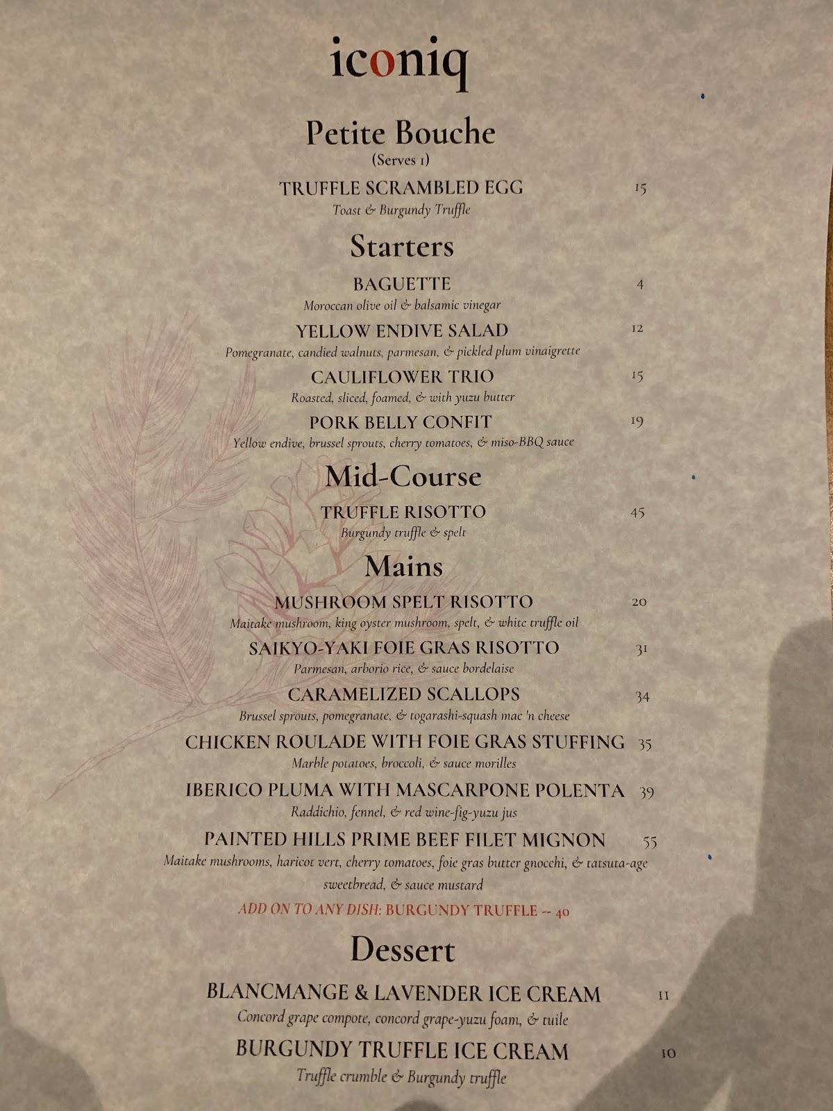 Menu at iconiq restaurant, Seattle