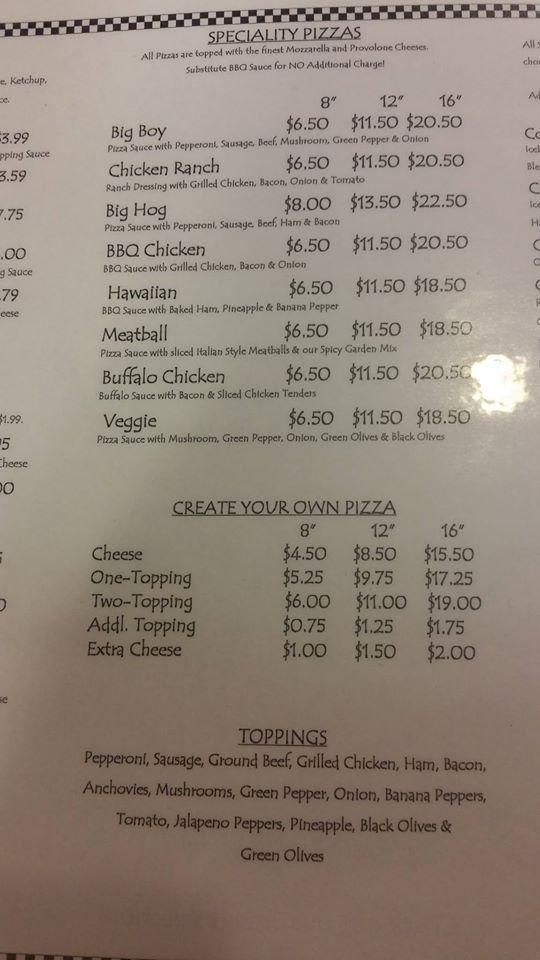 Menu at Big Boyz Pizza pizzeria, Brookville