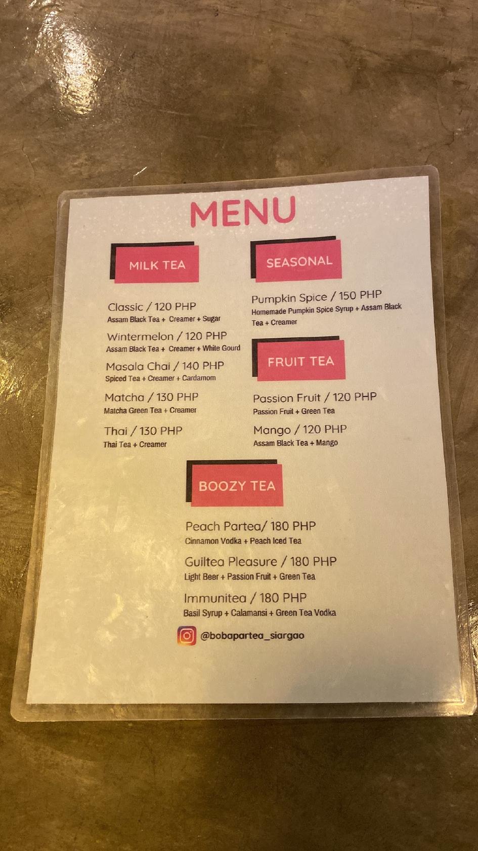 Menu at Boba Partea cafe, General Luna