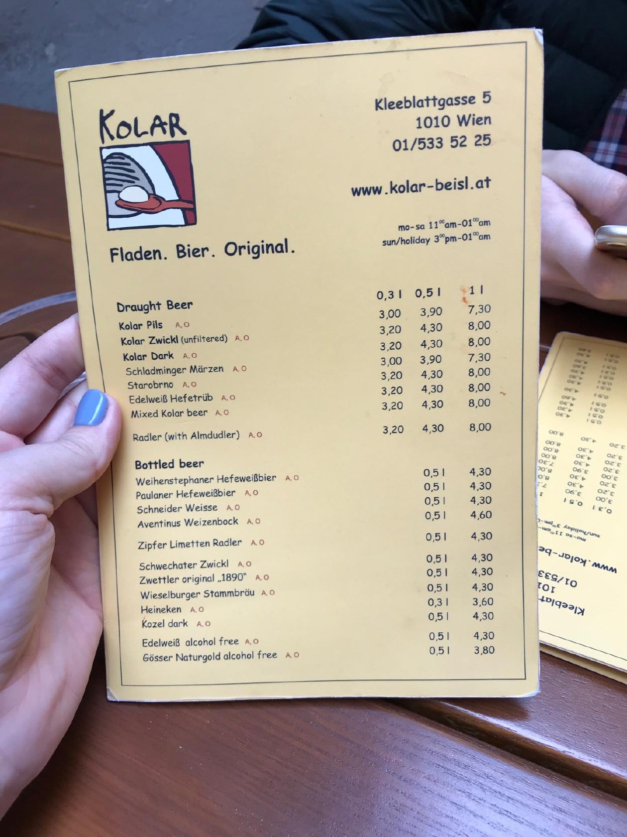 Menu at Kolar Beisl - Kleeblattgasse pub & bar, Vienna, Kleeblattgasse 5