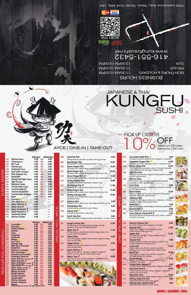 Menu at Kung Fu Sushi & Kung Fu Tea restaurant, Toronto