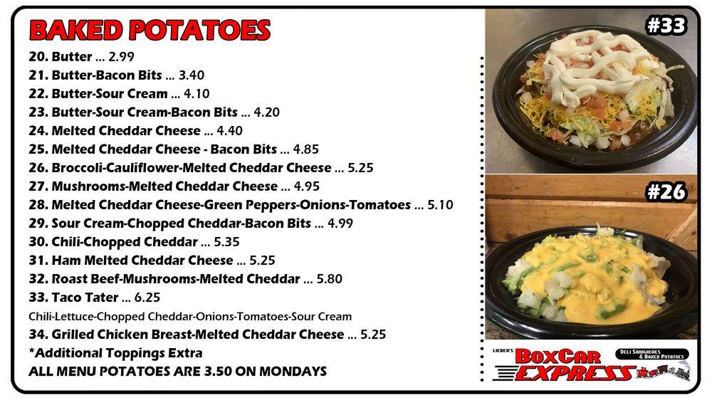 Menu at Lieber's Boxcar Express fast food, Galesburg