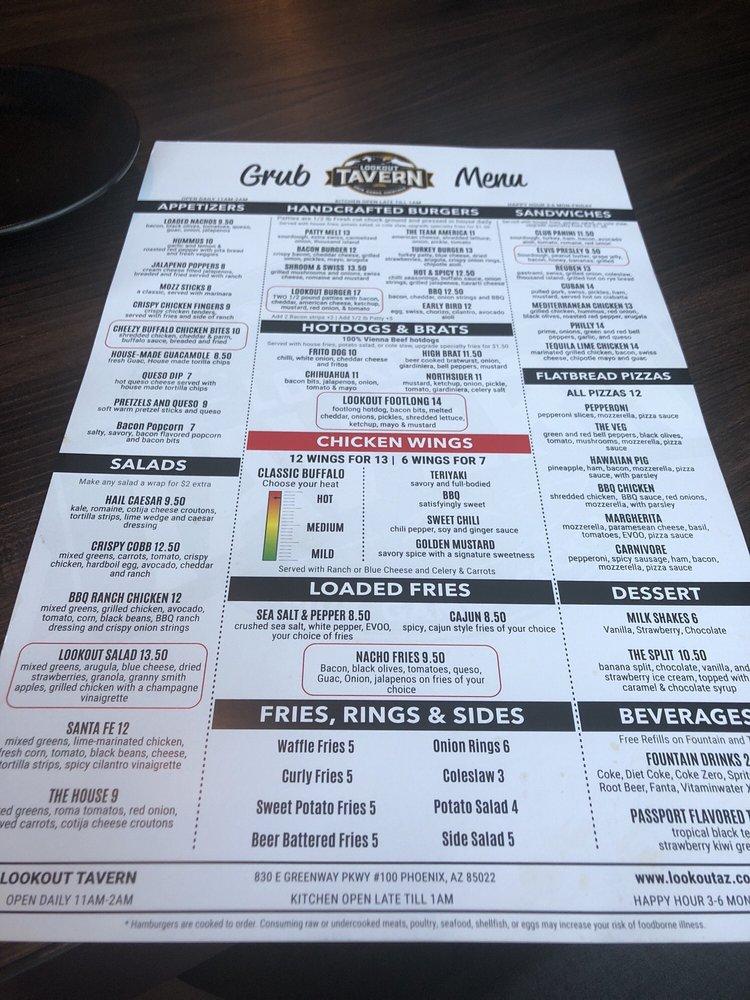 Menu at Lookout Tavern pub & bar, Phoenix