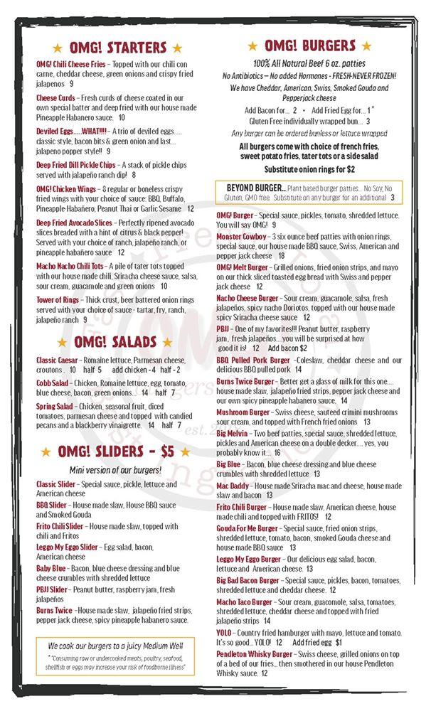 Menu at OMG! Burgers & Brew pub & bar, Pendleton