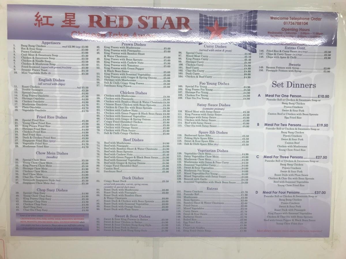 Menu at Red Star fast food, Pendeen