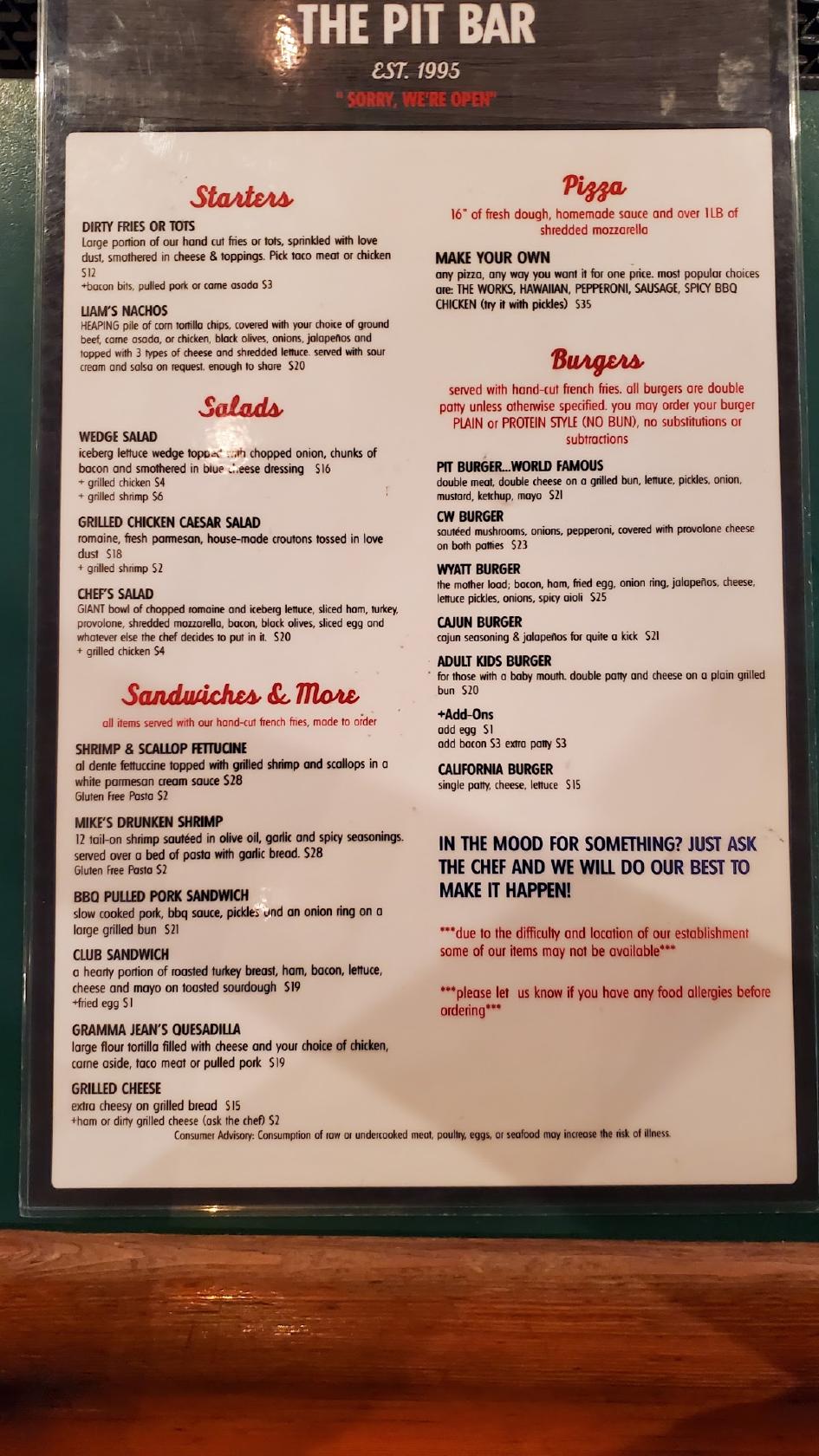 Menu at The Pit Bar, Naknek