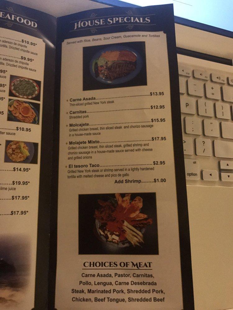 Menu at El Tesoro Mazatlan restaurant, Vallejo