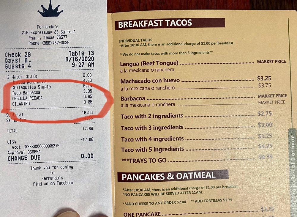 Menu at Fernando's Restaurant, Pharr