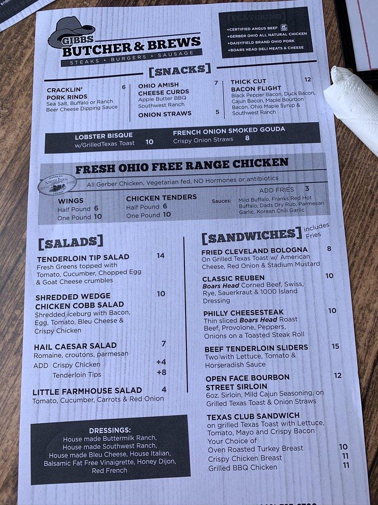 Menu at Gibbs Butcher and Brews restaurant, Olmsted Falls