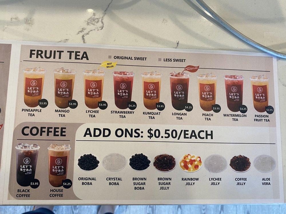 Menu at Let's Boba cafe, Westminster