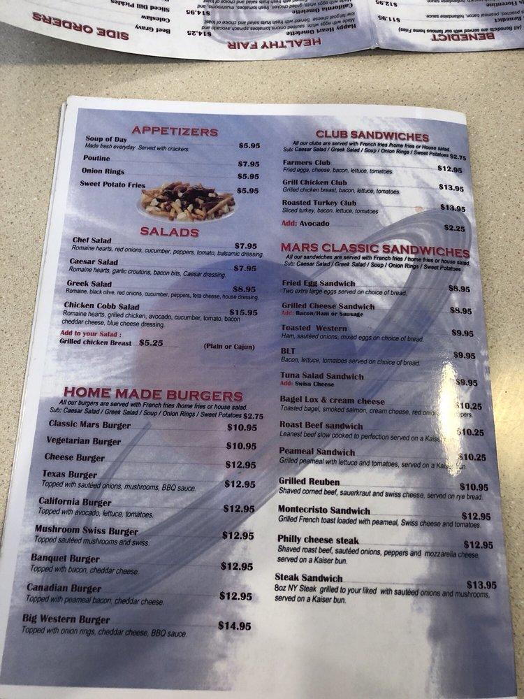 Menu at Mars Diner restaurant, Toronto