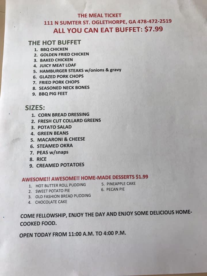 Menu at Meal Ticket restaurant, Oglethorpe