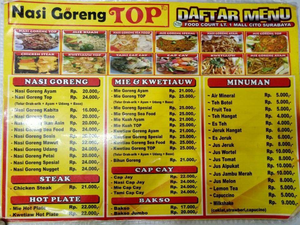 Menu at Nasi Goreng TOP restaurant, Mojokerto, Jl. Wijaya Kusuma No.40