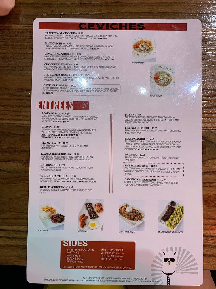 Menu at The Llama’s House restaurant, Estero