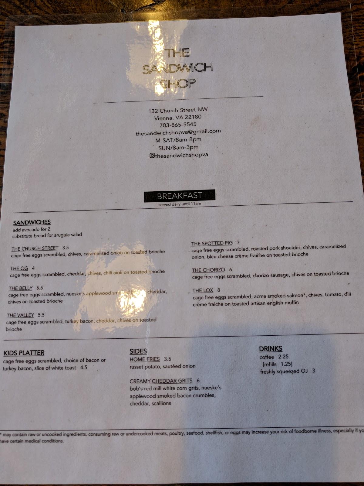 Menu at The Sandwich Shop cafe, Vienna