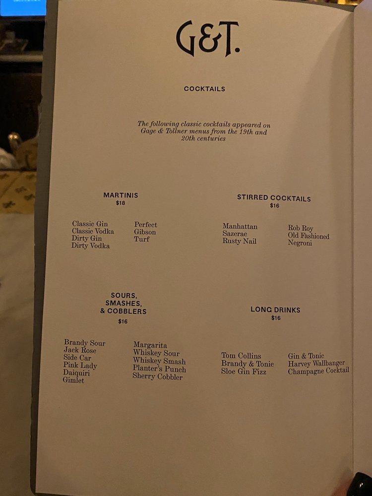 Menu at Gage & Tollner restaurant, New York City