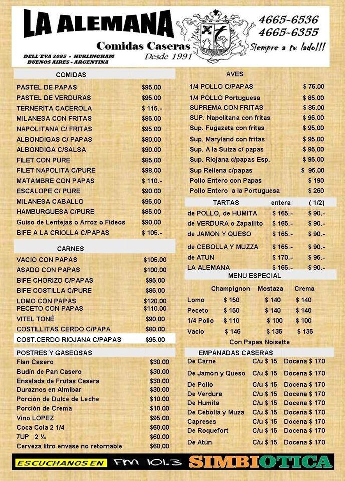 Carta de pizzería La Alemana Comidas, Hurlingham
