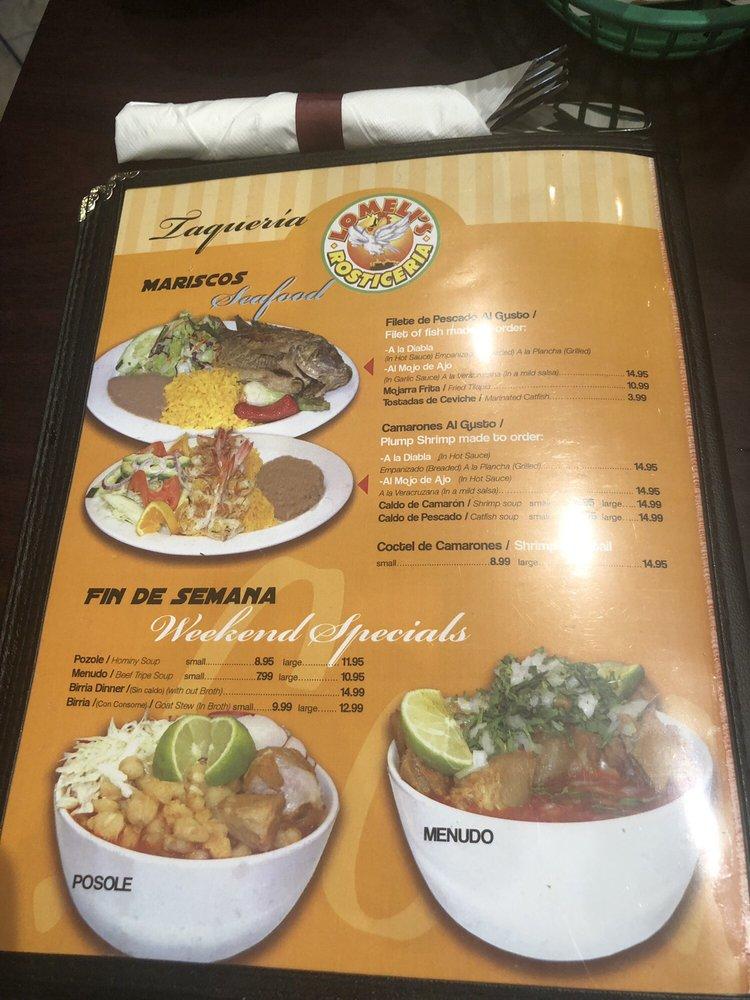 Menu at Lomeli's Rosticeria restaurant, Round Lake Beach, N Cedar Lake Rd