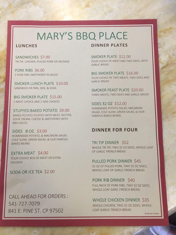 Menu at Mary's BBQ Place, Central Point