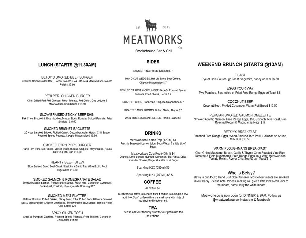 Menu at Meatworksco pub & bar, South Melbourne