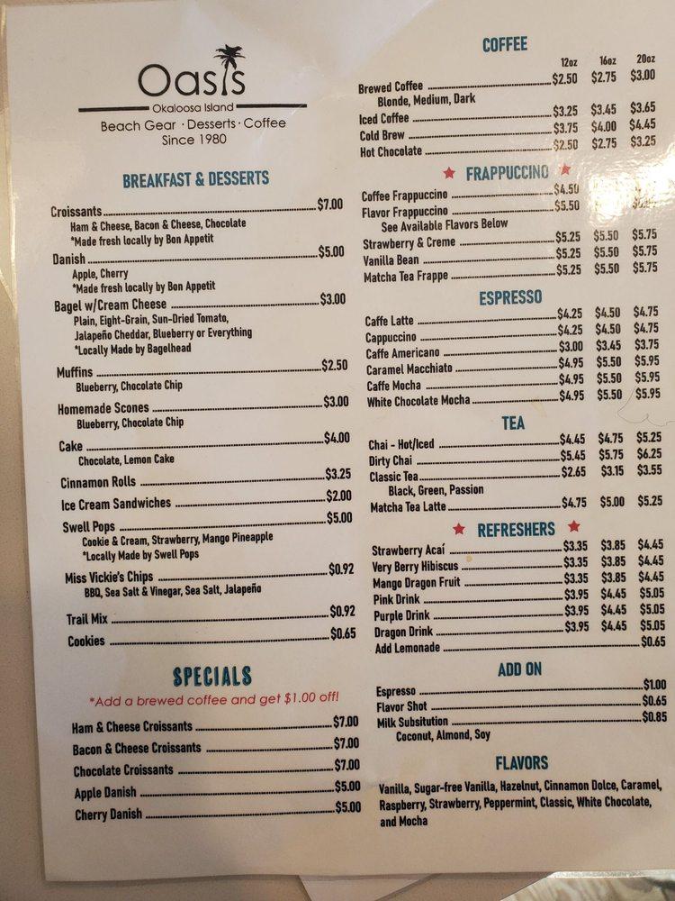 Menu at Oasis on the Boardwalk Cafe and Boutique, Fort Walton Beach