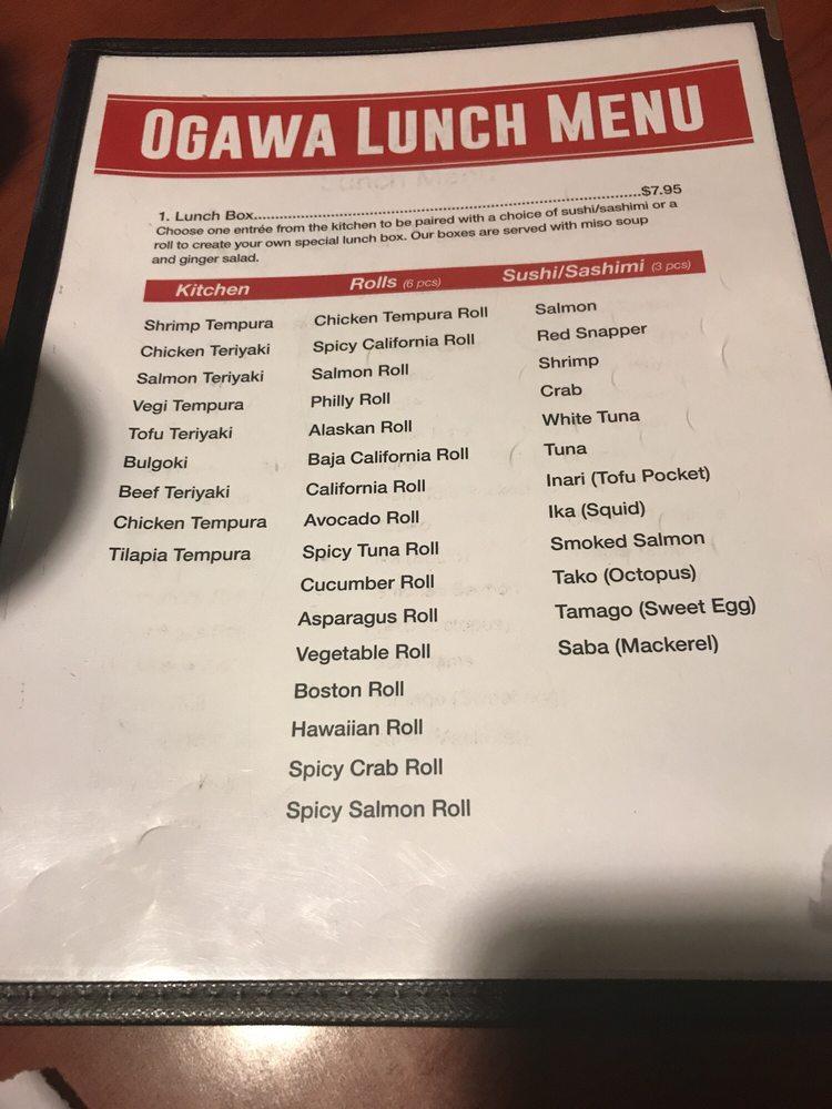 Menu at Ogawa restaurant, Morgantown