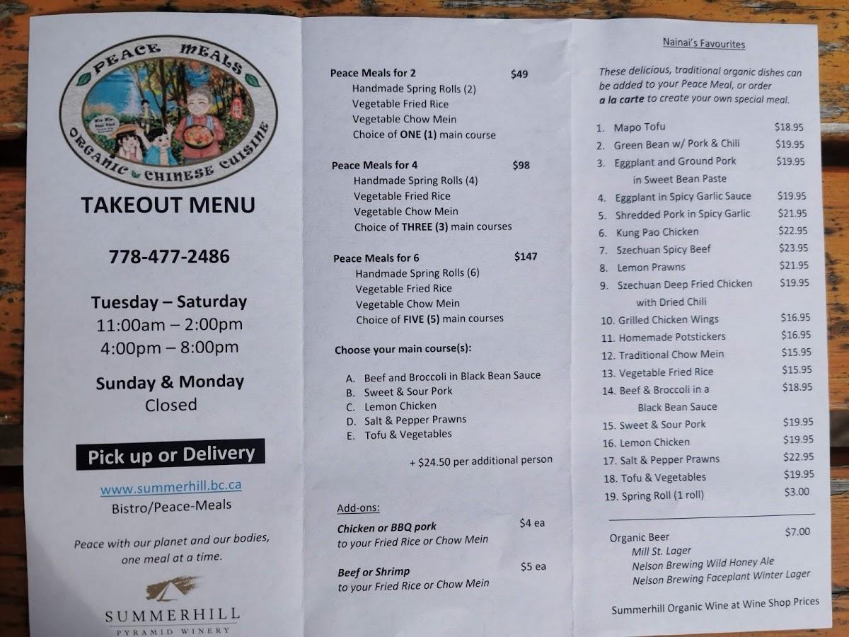 Menu at Peace meals restaurant, Kelowna