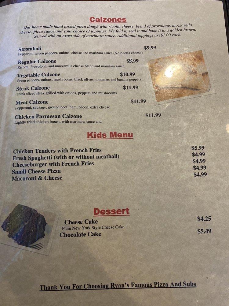 Menu at Ryan's Famous Pizza & Subs pizzeria, Beaufort