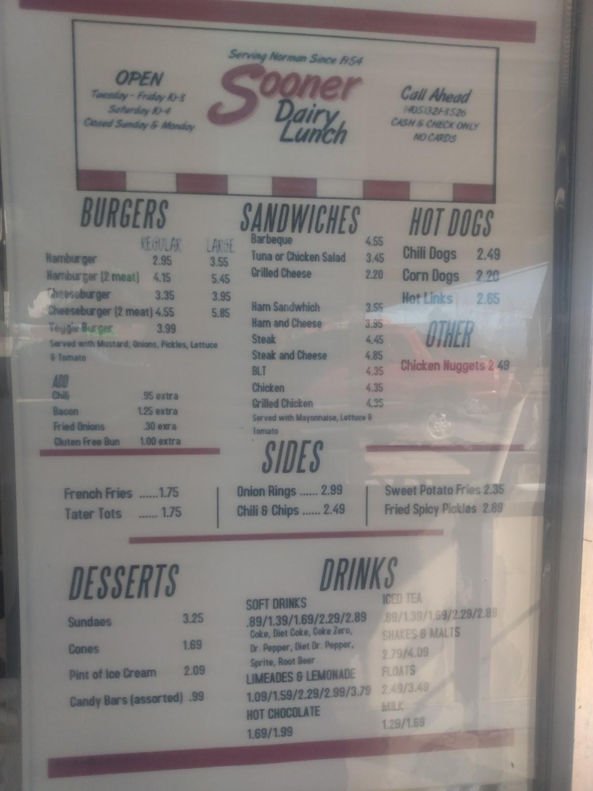Menu at Sooner Dairy Lunch pub & bar, Norman