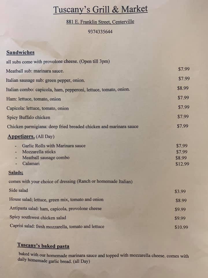 Menu at Tuscany's Italian Restaurant, Centerville